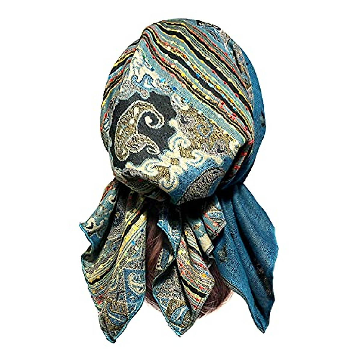 Teal Cashmere Headscarf Turquoise Headwear for Women Tichel Super Soft Headcovering Head cover Head wear Pre tied Bandana Ethnic Print Collection (Teal short - 290)