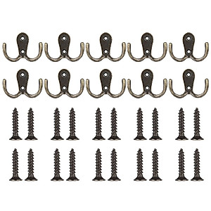 10pcs Metal Antique Hooks Double Prong Wall Door Coat Hanger Retro Key Holder Hat Bag Clothes Towel Organizer Shelf Storage(2.16inch,Bronze Tone)