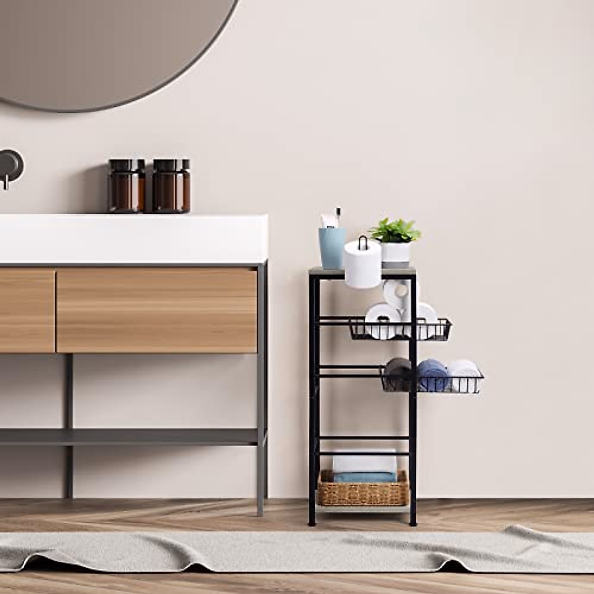 Small Bathroom Shelves, Floor Storage Cabinet with 2 Drawers, Narrow Towel Rack Organizer 4 Tiers, Modern Bathroom Storage Tower Cabinet with Tissue Bar, Standing Units Shelf for Laundry Living Room