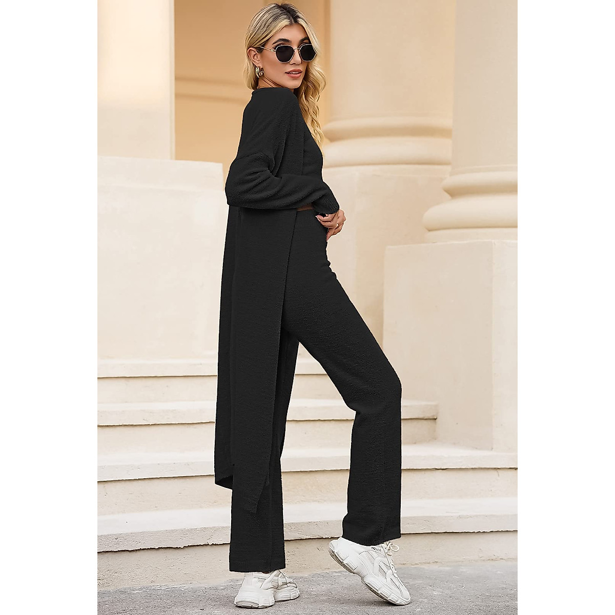 Linsery 3 Piece Sexy Fuzzy Outfit for Women Sherpa Jacket Coat and Crop Top Wide Leg Pants Lounge Set Cozy Fleece Tank Top and Pants Pajamas Black S