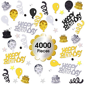 4000 Pieces Black Gold Silver Birthday Confetti Party Decoration Happy Birthday Cake Balloon Metallic Foil Table Confetti Scatter Party Decorations for Birthday Wedding Anniversary Baby Shower Party S