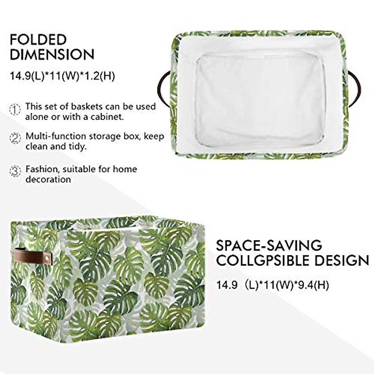 senya Large Foldable Storage Basket, Tropical Pattern Green Leaves Fabric Storage Bin Organizer Bag with Handles 15 x 11 x 9.5 inch