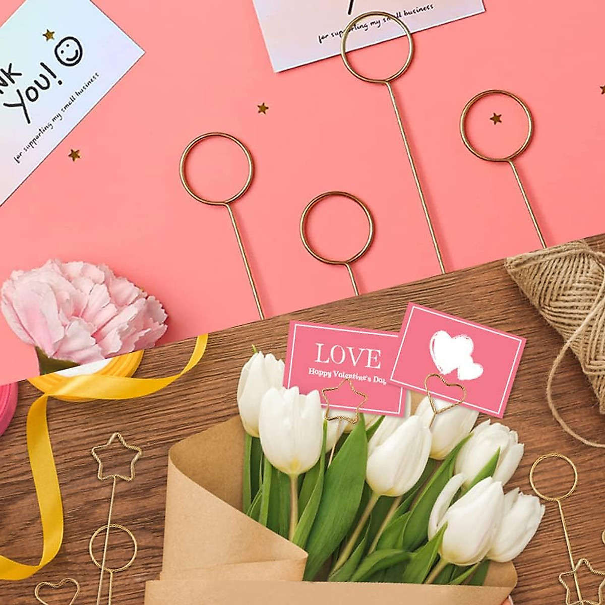 BOYIVI 40 Pieces Metal Wire Floral Place Card Holder Pick Love Floral Card Holder Picks Gold Card Note Table Number Memo Holder Gold Photo Clip for Wedding Birthday Baby Shower Party Favor (Round)