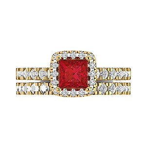 Clara Pucci 1.7 ct Princess Cut Halo Solitaire Simulated Ruby Designer Art Deco Statement Wedding Ring Band Set 18K Yellow Gold 3.5