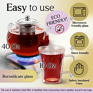 Glass Tea Sets for Adults-Elevate your Tea Time with our Clear Teapot & insulated Cup Set- Tea Pot Sets Kettle w/Infuser for Stove Top & 4 Double Wall Teacups Blooming loose leaf teas Glass Tea set