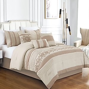 Chezmoi Collection Ariel 7-Piece Taupe Geometric Chenille Embroidery Pleated Striped Comforter Bedding Set, California King Size