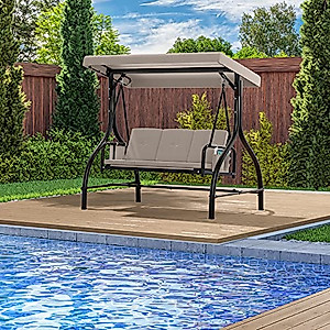 YITAHOME Outdoor Porch Swing, 3 Person Patio Swing Chair with Adjustable Canopy, Removable Cushion,Suitable for Garden, Poolside, Balcony-Beige & Grey