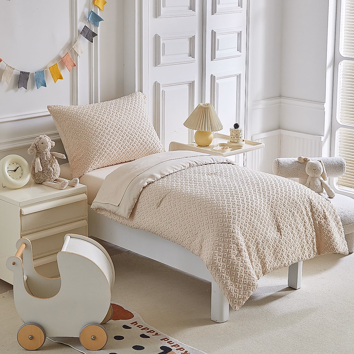 Cream Toddler Bedding Set 4 Pieces Tufted Boho Cubes Style - Includes Adorable Quilted Bohemian Comforter, Fitted Sheet, Top Sheet, and Pillow Case for Girls Boys Bed