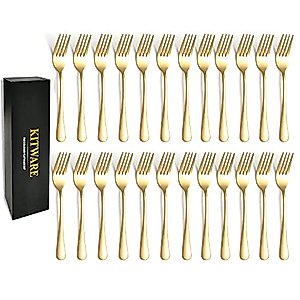 24 Pieces Gold Dinner Forks Set, Kitware Flatware Stainless Steel Utensils, Home & Kitchen Metal Cutlery Set, Heavy Duty Silverware Small Forks 6.8 Inch, Mirror Polished