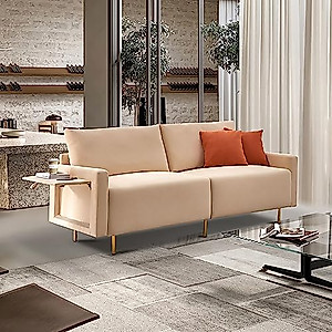 BAMOOLI 72.8'' Loveseat Sofa Couch, Mid Century Modern Linen Fabric Love Seat Sofa, Luxury 2 Seater Couch with Gold Metal Legs & 2 Throw Pillows, Comfy Couch for Living Room, Apartment, Office, Beige