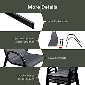 Giantex Set of 4 Patio Chairs, Outdoor Stackable Dining Chairs w/Armrests, 330 LBS Capacity, All Weather Fabric, Heavy Duty Rustproof Steel Frame, Lawn Chairs for Porch, Yard, Pool, Garden (Gray)