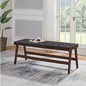 Ball & Cast Faux Leather Woven Dining Bench Breathable Weave Entryway Bench for Bedroom, 48 in Dark Grey