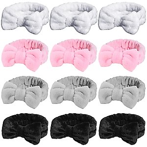 JenPen 24 Pcs Spa Facial Headband in Bulk Soft Bow Makeup Elastic Towel Skincare Headbands Microfiber Coral Fleece Hair Band for Washing Face Women Girls Mask Yoga Sports Shower, 4 Colors