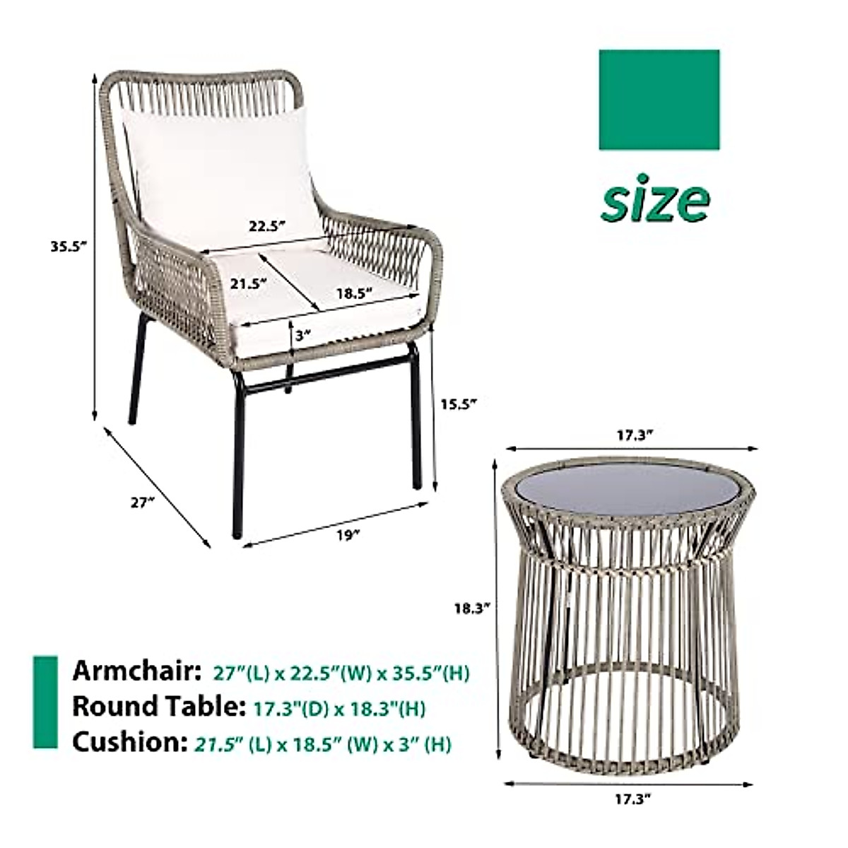 VIVIJASON 3-Piece Patio Conversation Bistro Set, All-Weather Wicker Outdoor Modern Furniture Small Balcony Chat Set w/ 2 Rattan Chairs, Cushions, Glass Top Side Table for Porch Backyard, Grey