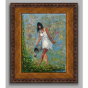 (SOLD) Finally Summer - girl watering her flowers by internationally renown painter Andre Dluhos