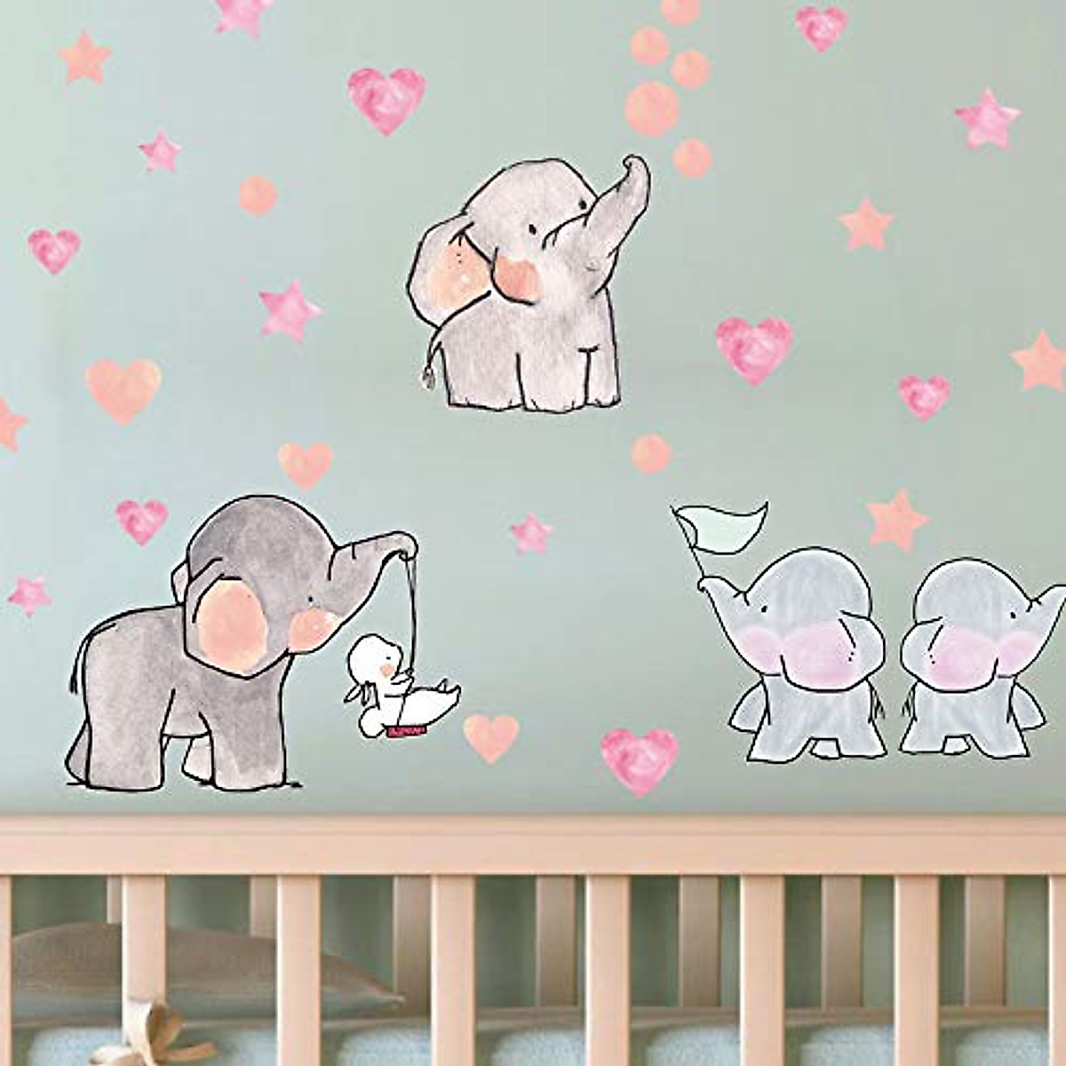 IARTTOP Adorable Elephant Wall Decal, Lovely Family Elephant with Love Heart Stars Wall Sticker, Baby Elephant Decor Wall for Nursery Bedroom Classroom Decoration