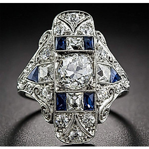 Aimys Vintage Rhodium Plated Cubic Zirconia CZ Statement Art Deco Milgrain Cocktail Fashion Right Hand Ring Women Sapphire Gems Wedding Engagement Jewelry Size 9