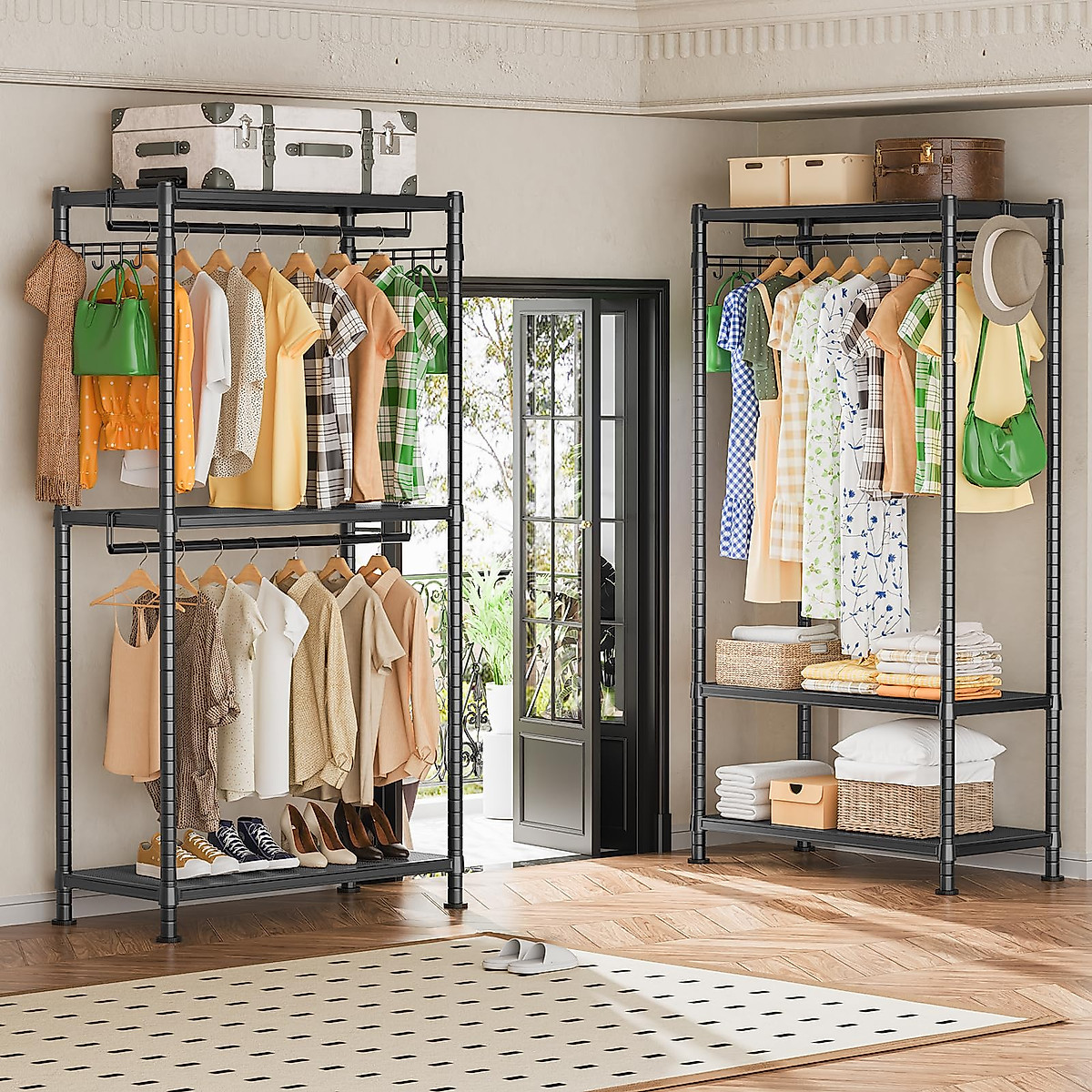 Clussbin Garment Rack Hanging Clothes Heavy Duty Clothes Rack, 3 Tiers Adjustable Wire Shelving Metal Clothing Racks with Double Rods and Side Hooks, Free Standing Wardrobe Closet for Bedroom, Black