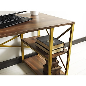 LLS Computer Desk, Work Table Writing Desk Gaming Table Workstation with 47" Wooden Top & 2 Shelves, Writing Sturdy Table Computer Desk with Gold Metal Frame for Home Office Furnish Store, Brown