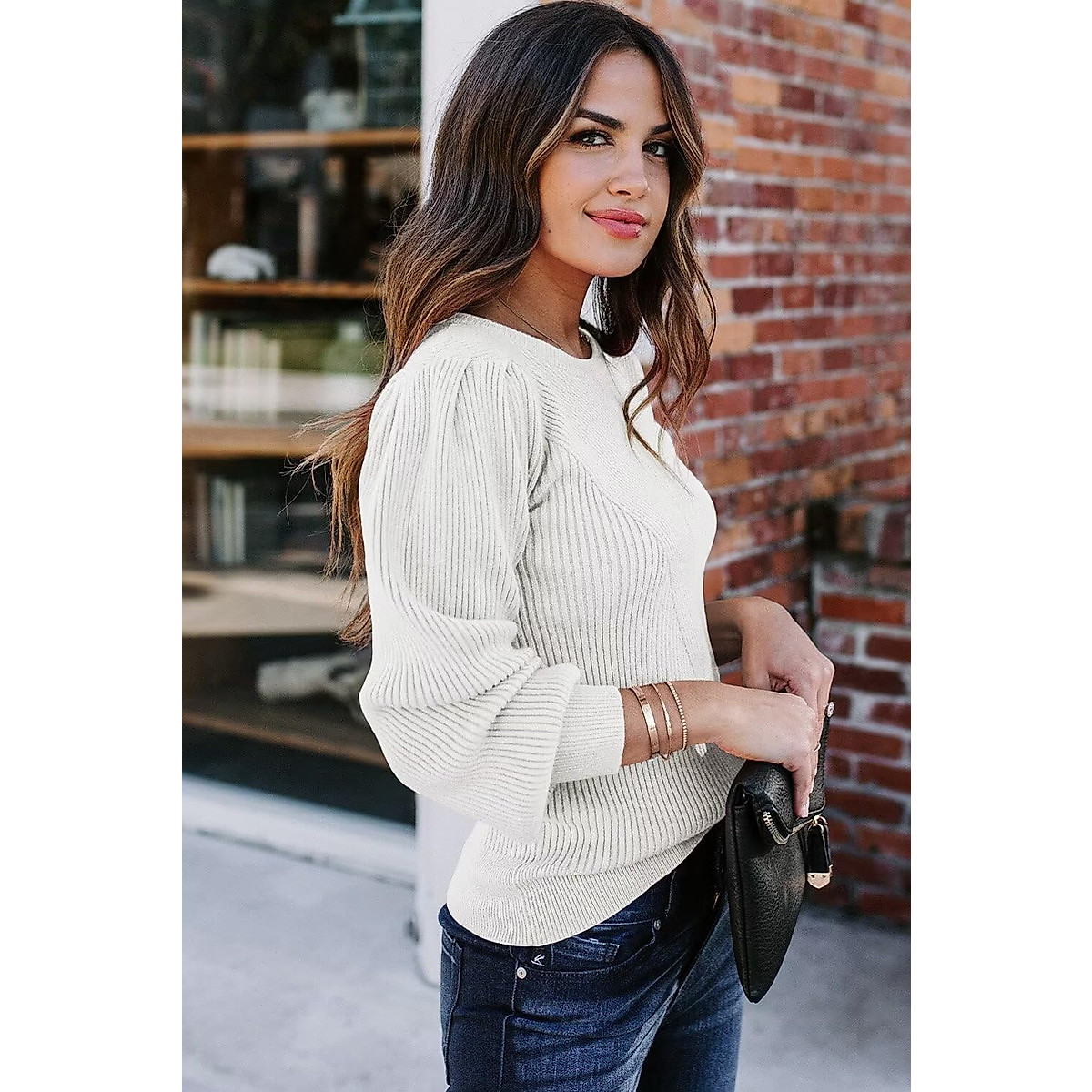 Dokotoo Women's Crewneck Puff Long Sleeve Ribbed Knit Sweater Casual Loose Solid Stretchy Pullover Jumper Tops Lightweight Sweaters for Women White Small