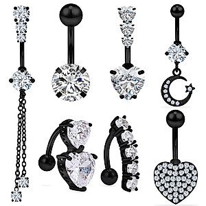 Vsnnsns 14G Belly Button Rings Belly Rings for Women Stainless Steel Belly Piercing Jewelry Surgical Steel Dangle Belly Button Rings Curved Navel Ring Barbell Heart CZ Body Jewelry Piercing Black