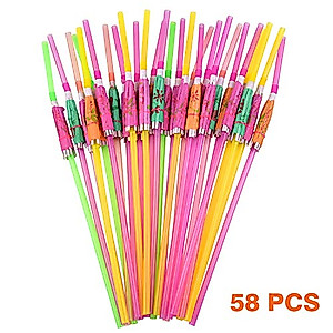 FEPITO 58 PCS Umbrella Drinking Straws Reusable，Parasol Bendy Reusable Drinking Straws for Hawaiian Beach Cocktail Luau Tropical Party Decorations Supplies