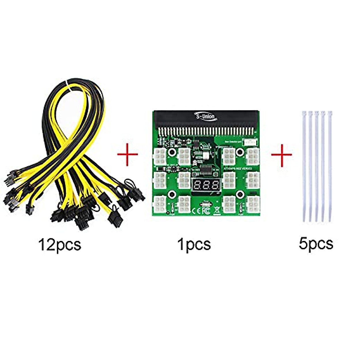 S-Union Ethereum ETH ZEC Mining Power Supply 12V GPU/PSU Breakout Board + 12pcs 16AWG PCI-E 6Pin to 6+2Pin Cables 27.5Inch Length(70CM, with 5 Nylon Cable Ties)