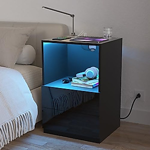 HOMMPA Open Shelf LED Nightstand with Charging Station Modern Black Bedside Table with Led Light 2 Drawers End Side Table High Gloss Night Stand Smart Nightstands Night Table for Bedroom 26.77in Tall