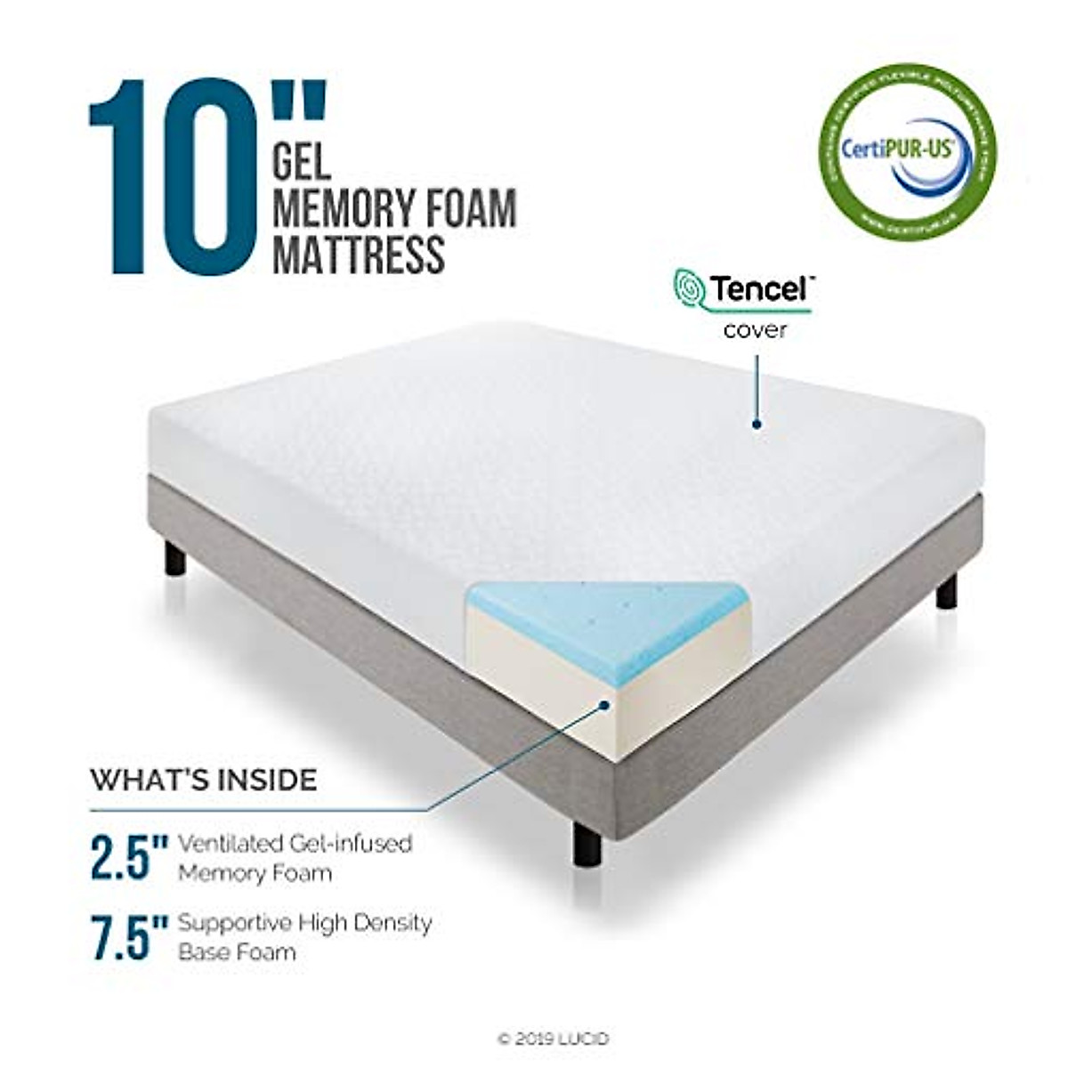 LUCID 10 Inch 2019 Gel Memory Foam Mattress - Medium Firm Feel - CertiPUR-US Certified, Queen