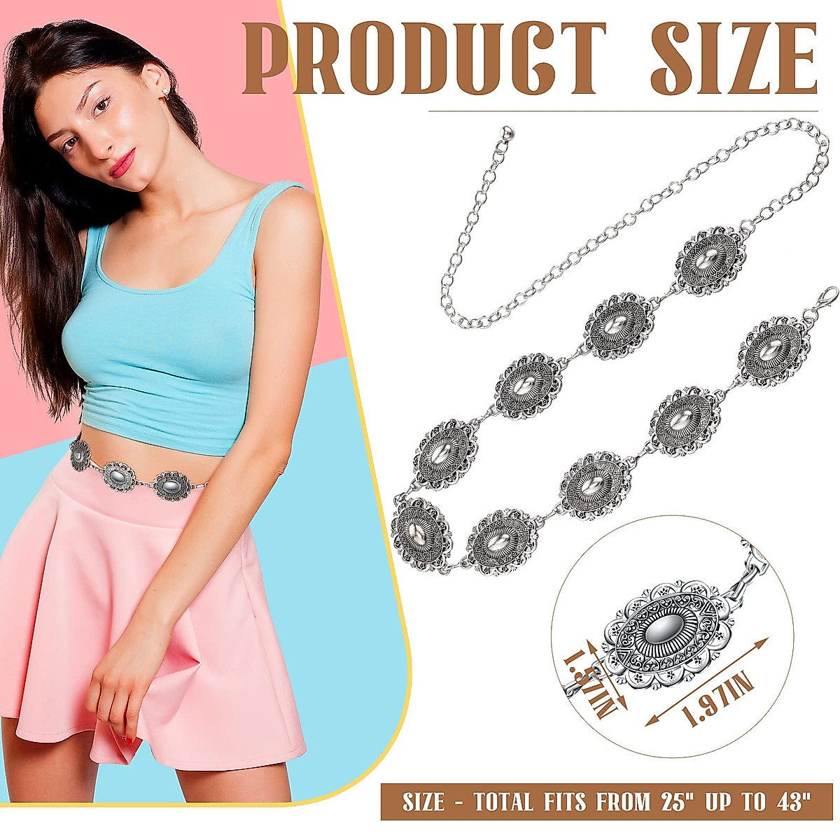 Fumete Western Metal Concho Chain Belt for Women Western Cowgirl Belts Adjustable Country Belts for Jeans or Dresses (Sweet Style)