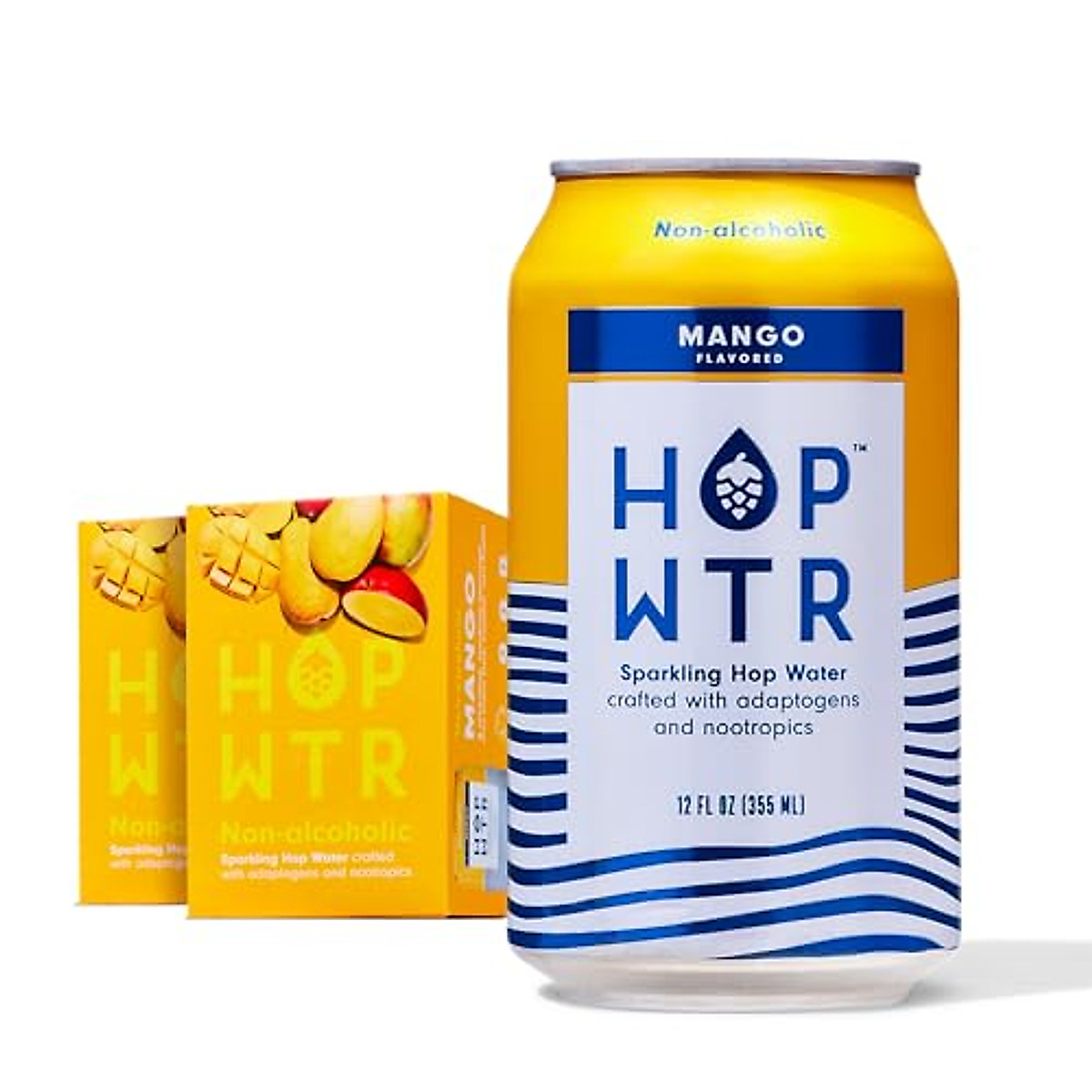HOP WTR Sparkling Hop Water, Mango 12 Pack, Sugar Free, Low Carb Non Alcoholic Drinks, NA Beer, Adaptogen Drink, No Calories, Adaptogens & Nootropics for Added Benefits, 12 oz Cans