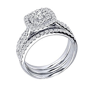 P3 POMPEII3 1 1/4ct Diamond Engagement Cushion Halo Wedding Ring Trio Set 10K White Gold - Size 7
