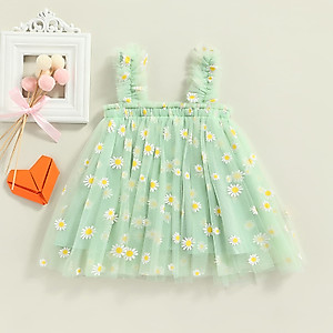Mubineo Toddler Baby Girl Flower Tulle Tutu Dress Strappy Princess Dresses Sundress (Green Daisy, 6-12 Months)
