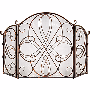 Best Choice Products 3-Panel 55x33in Solid Wrought Iron See-Through Metal Fireplace Screen, Spark Guard Safety Protector w/Decorative Scroll - Copper