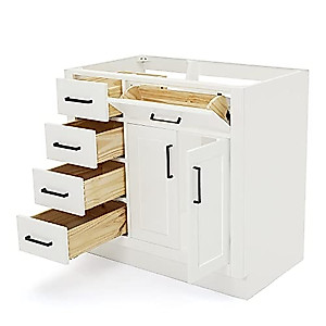 ARIEL Hepburn Bathroom Vanity Base Cabinet 36" White, Right Offset Sink Configuration, 2 Soft Closing Doors, 5 Full Extension Dovetail Drawers, Toe Kick, Matte Black
