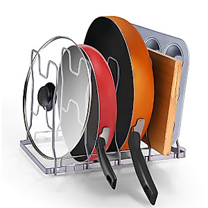 Simple Trending Adjustable Pan and Pot Lid Organizer Rack Holder, Kitchen Counter and Cabinet Organizer, Silver