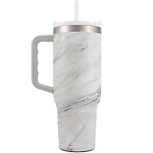 Yukon Outfitters Fit Forty 40oz Double Wall Vacuum Insulated Stainless Steel Tumbler with Reusable Straw & Ergonomic Handle | For Hot or Cold Beverage, White Marble