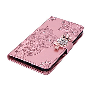 Ephoou Compatible with Apple iPhone 15 Flip Glitter Wallet Case for Women, Pu Leather with Card Slots Crystal Diamond Owl Embossing Shockproof Cover Case for iPhone 15 MTY-Rose Gold