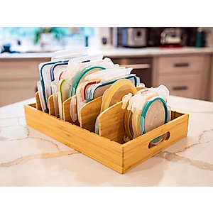 Umilife Large Food Container Lids Organizer for Kitchen Cabinet and Drawer, Bamboo Organizer with 5 Tall Adjustable Dividers, Plastic Lids Organization and Storage