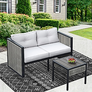 NICESOUL Patio Furniture Set Heavy Duty, Modern Outdoor Loveseat Sofa Chair with Side Table, All-Weather PE Rattan Double-Layered Woven Rope Iron Frame Thick Cushion Couch for Outside Backyard 2 Seats