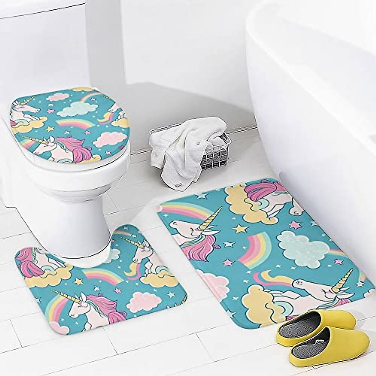 Blue Four Piece Bathroom Set Unicorn Rainbow Cloud Shower Accessories Set with Rugs and Curtains