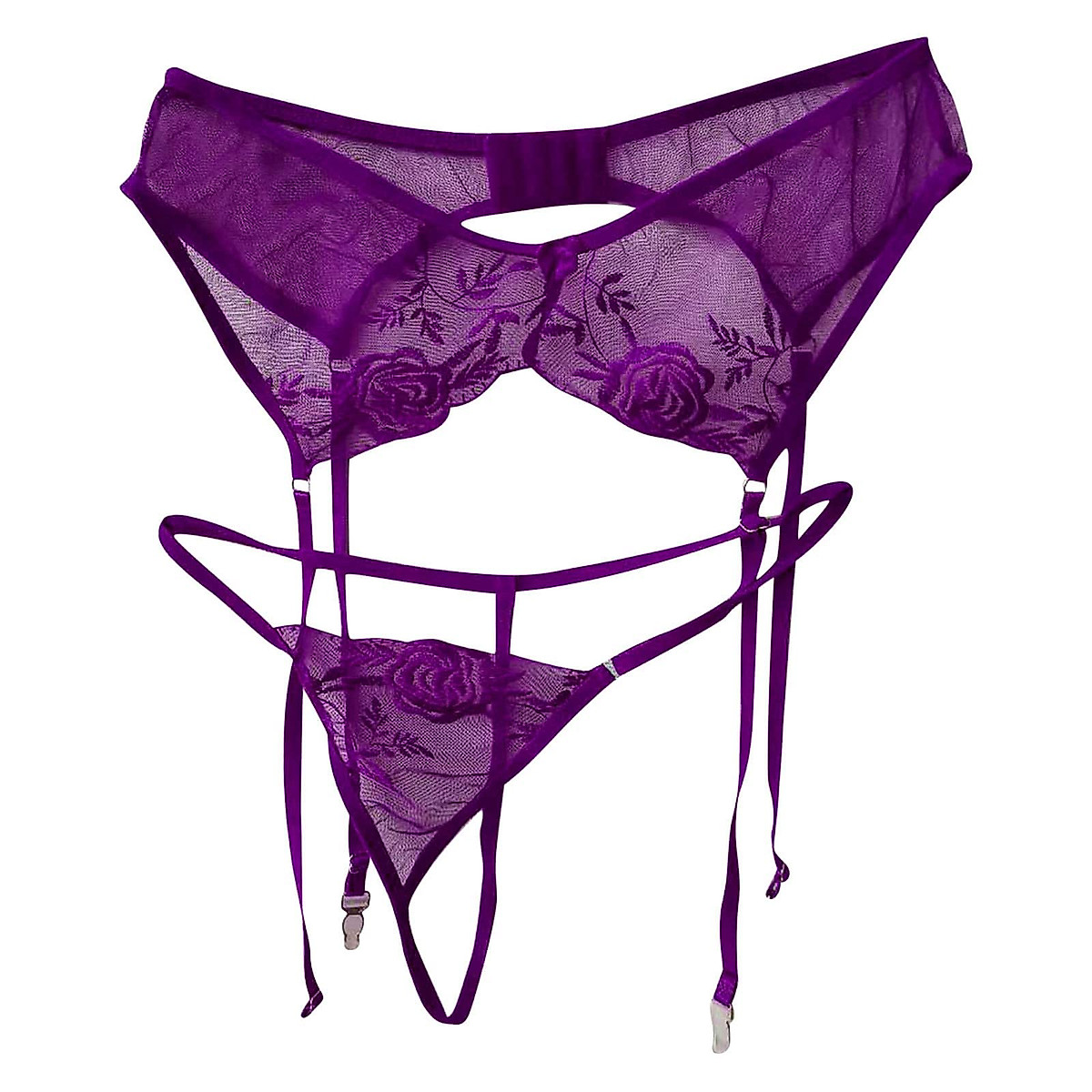 Lace Garter Belt Suspender Straps Sexy Sheer Mesh High Waisted Lingerie Panty Thong 4 Metal Clips for Thigh Hold up Tights (Purple)