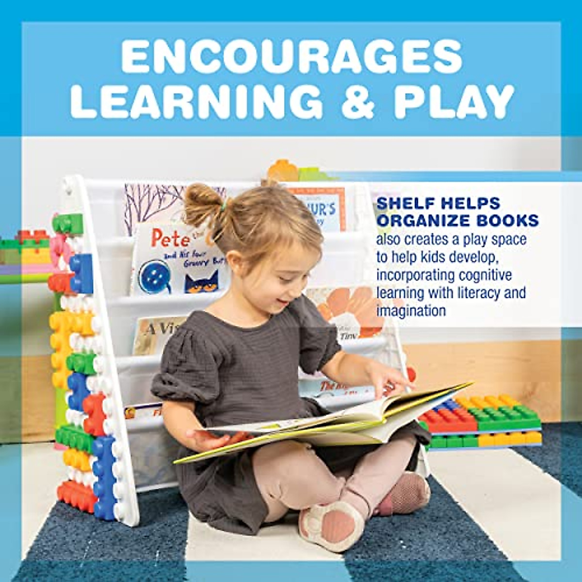 UNiPLAY Kids 4-Tier Book Storage Organizer with Sling Book Pockets, Plastic Sling Rack Bookshelf for Playroom, Fits Blocks, White