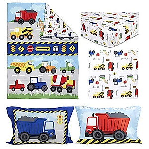 Funhouse 4 Piece Toddler Bedding Set - Includes Quilted Comforter, Fitted Sheet, Top Sheet, and Pillow Case - Construction Car and Truck Design for Boys Bed (Pack of 1)
