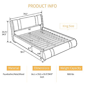 SHA CERLIN King Size Bed Frame with Iron Pieces Decor and Adjustable Headboard/Deluxe Upholstered Modern Platform Bed with Solid Wooden Slats Support/No Box Spring Needed, Black