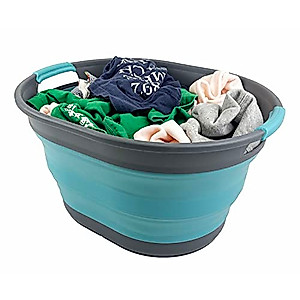 SAMMART 23L (6 Gallons) Collapsible Plastic Laundry Basket - Oval Tub/Basket - Foldable Storage Container/Organizer - Portable Washing Tub - Space Saving Laundry Hamper (Grey/Crystal Blue)