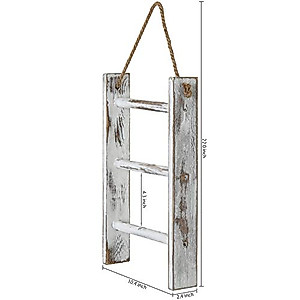 MyGift Rustic Whitewashed Solid Wood Wall Hanging Hand Towel Ladder Drying Rack, 3 Tier Bathroom Washcloth Hand Towel Storage Rack with Hanger Rope