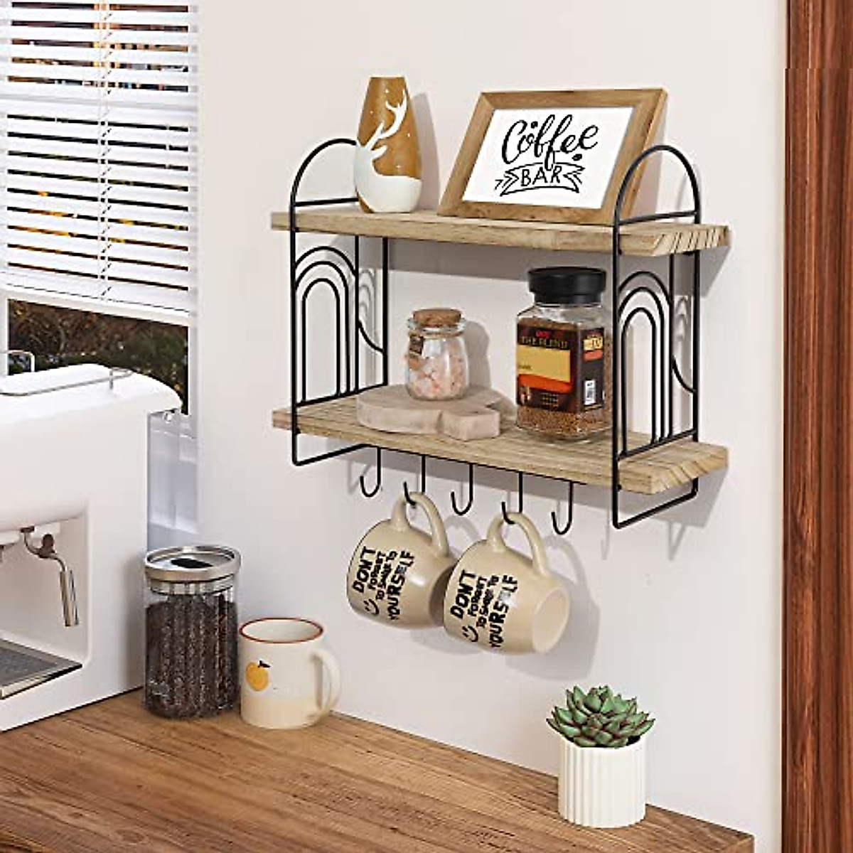 Sapowerntus Floating Shelves 2 Tier Wall Mounted with Hooks, Mid Century Modern Bathroom Kitchen Rustic Wood Hanging Shelf, Coffee Bar Display Storage Decor, Arched Geometry Bracket Design