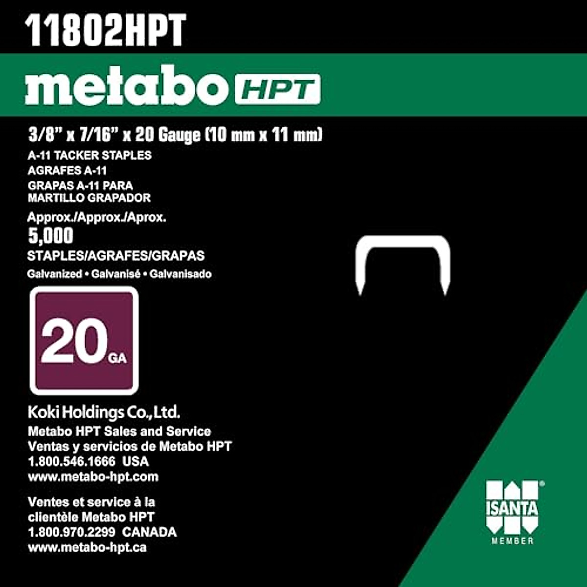 Metabo HPT 11802HPT 20 Ga Galvanized Staples 7/16" Crown 7/16" x 3/8" 20 Ga EG | 5000 Count