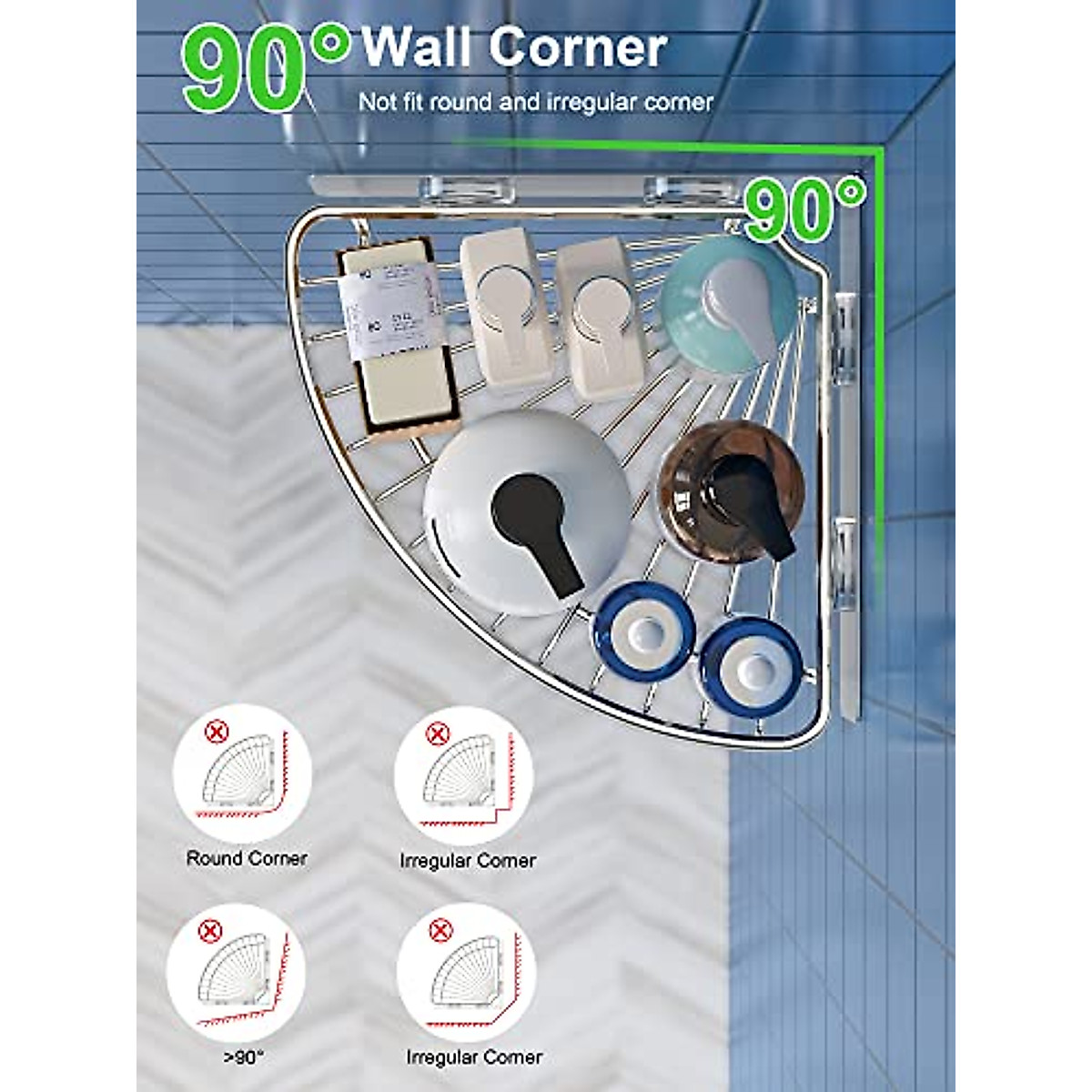 SMARTAKE 2-Pack Corner Shower Caddy, SUS304 Stainless Steel, Wall Mounted Bathroom Shelf with Adhesive, Storage Organizer for Toilet, Dorm and Kitchen (Silver)